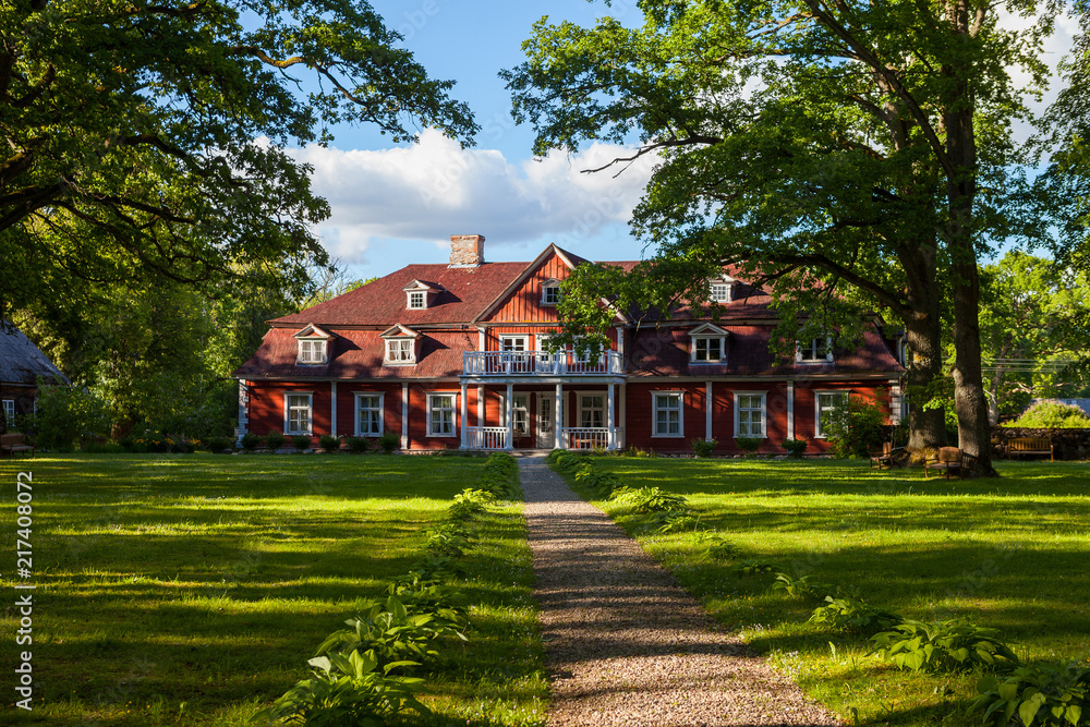 Old big wooden house in the park. Traditional scandinavian styled ...