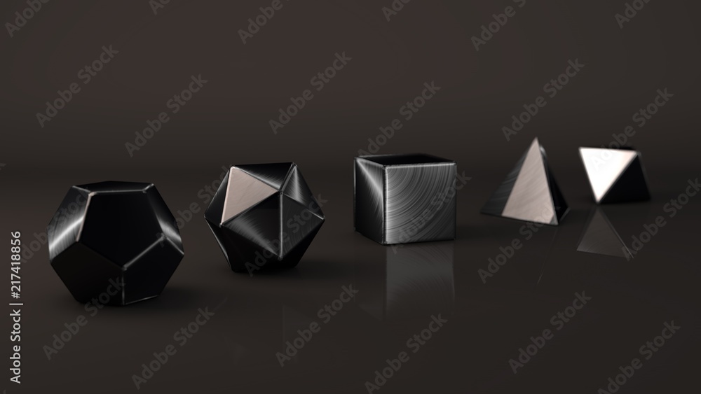 Group of Platonic bodies, black polished metal with reflections ...