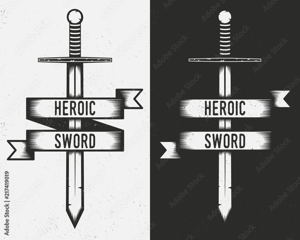 Sword vintage logo - sword with ribbon banner isolated on white and ...