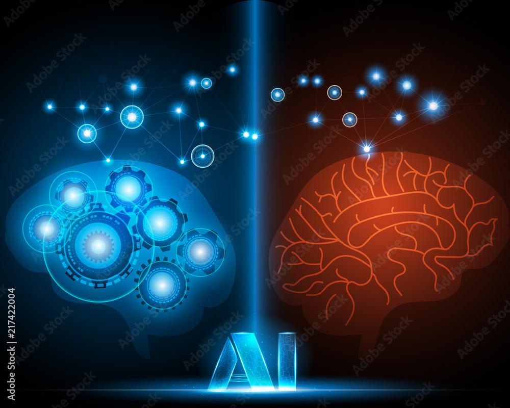AI light Letter text symbol,Human and Robot brain, over blue background ...