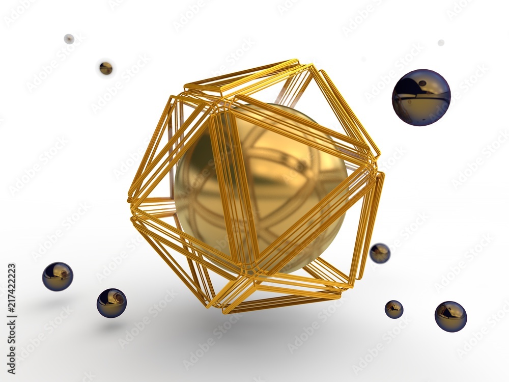 Set of gold and black spheres, one of which is hidden in a lattice of a ...