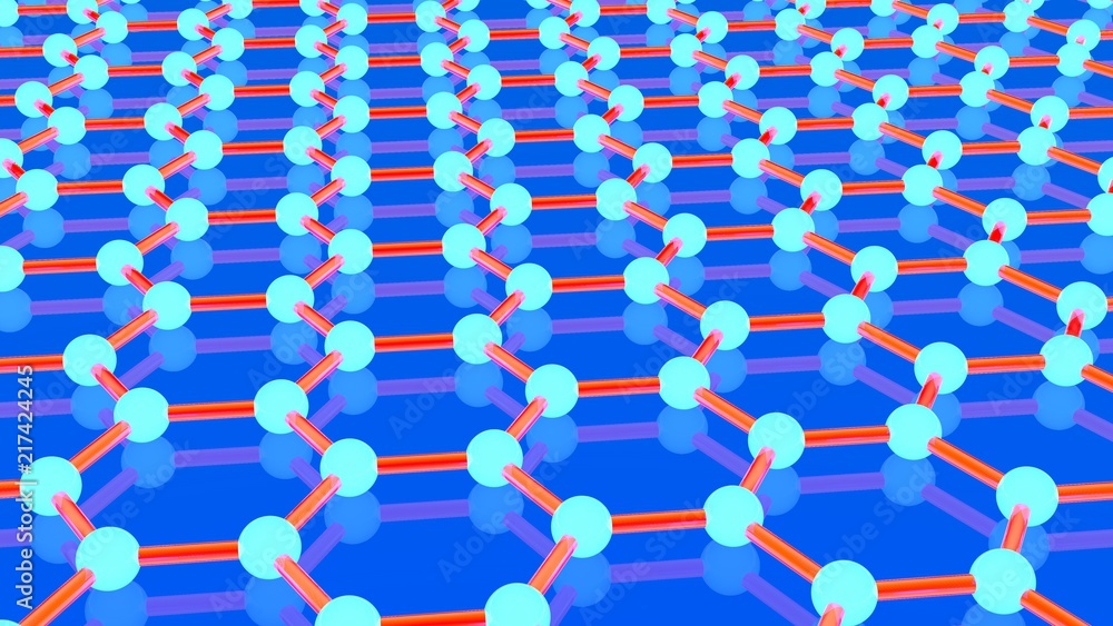 Illustration of graphene molecule, luminous atoms. The crystal lattice ...