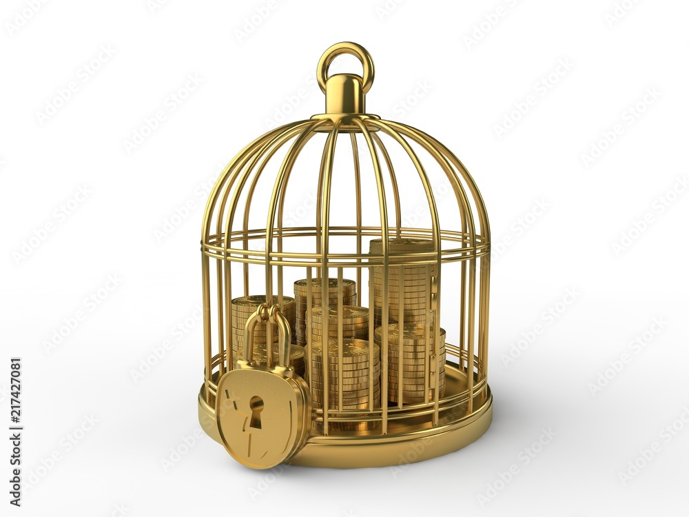 The image of the Golden cage with lots of gold coins dollars, enclosed ...