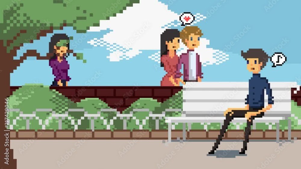 Retro pixel art game fashionable characters animation of various people ...