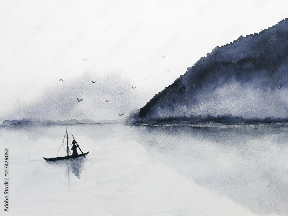 watercolor fishing boat and island with mountains fog birds flying in ...