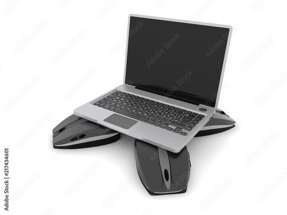 3D image of laptop stands on four computer mice. The similarity of the ...