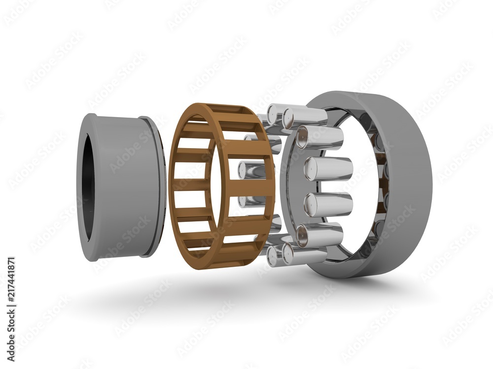 The image roller bearings on white background, closeup. The bearing is ...