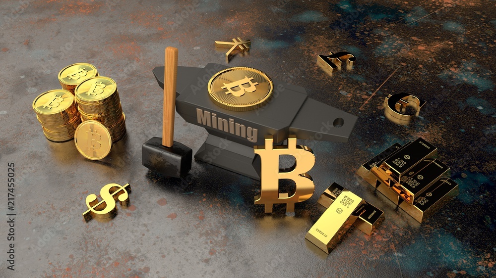 anvil, hammer and gold bars, coins, crypto-currencies and currency ...