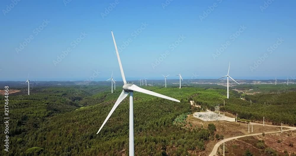 Aerial View Of Wind Turbine Park In Portugal Generating Clean Energy ...