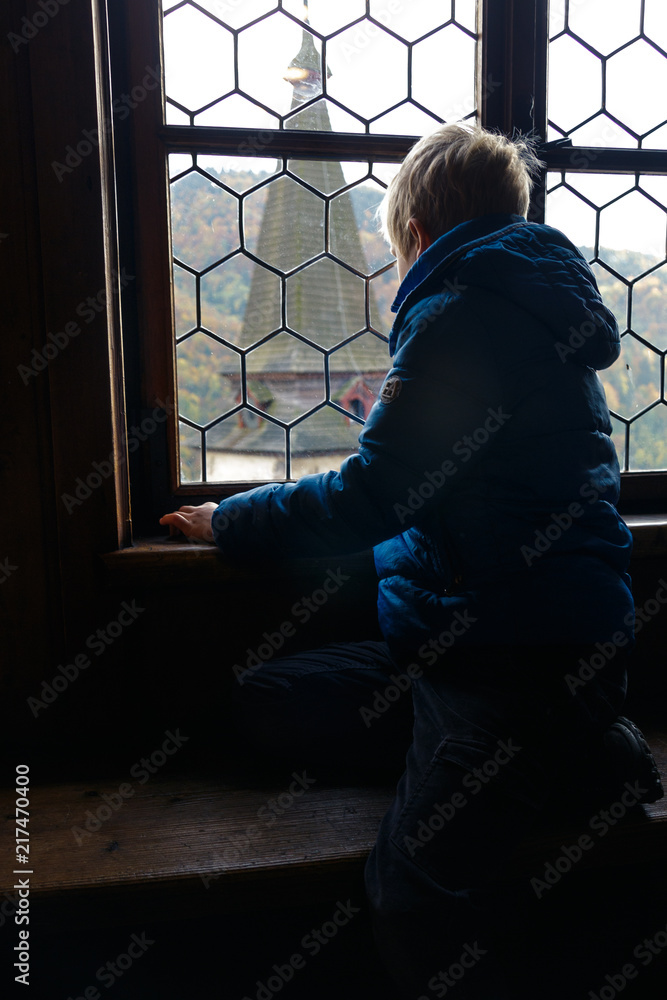 Chico asomado a la ventana de un castillo Stock Photo | Adobe Stock