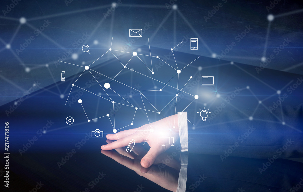 Male hands touching interactive table with blue mixed communication ...