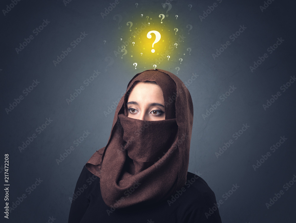 Young muslim woman wearing niqab with yellow question marks above her ...