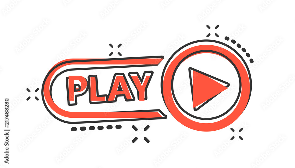Vector cartoon play button icon in comic style. Play video sign ...