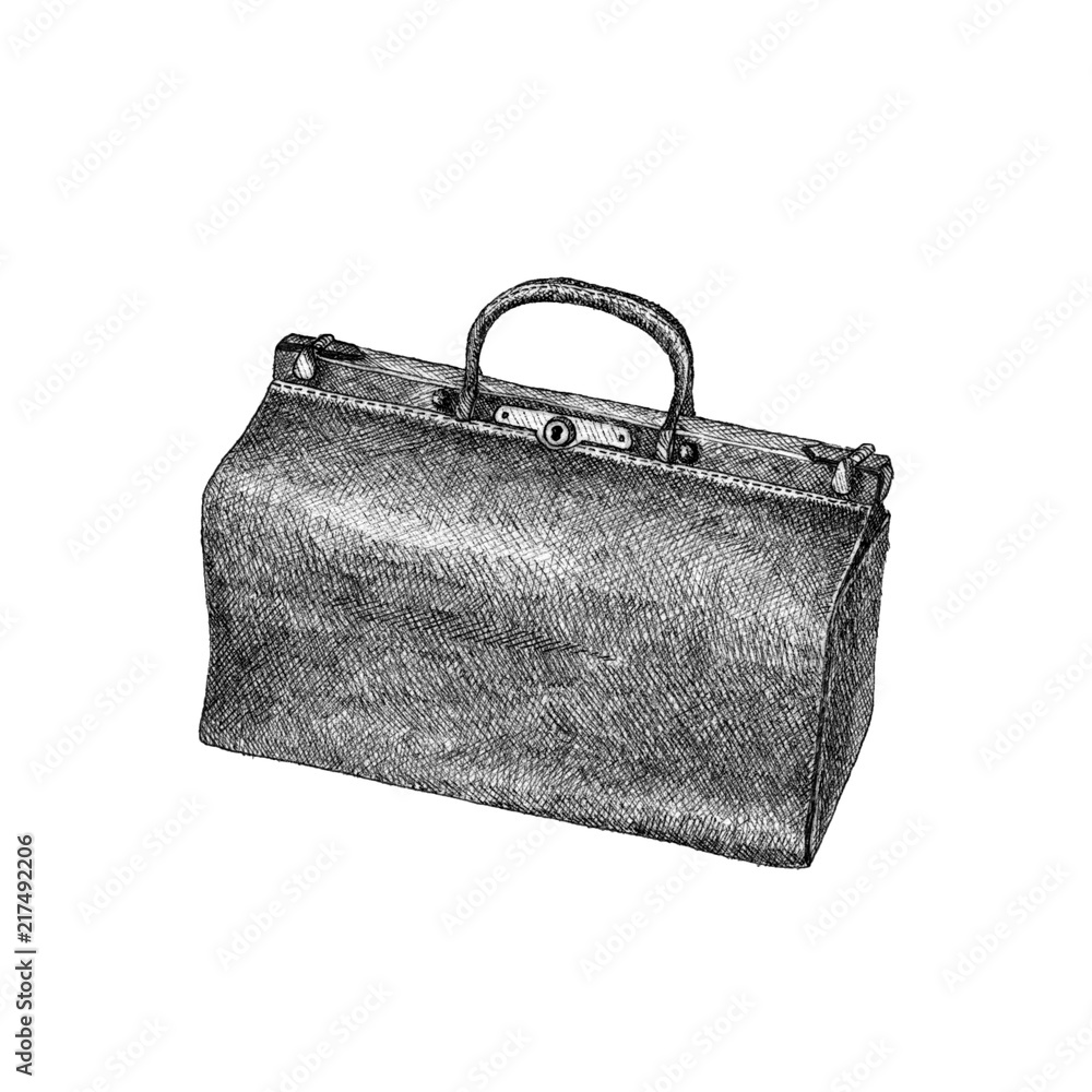 Black and White Freehand Vintage Drawing of Antique Doctor Bag Isolated ...