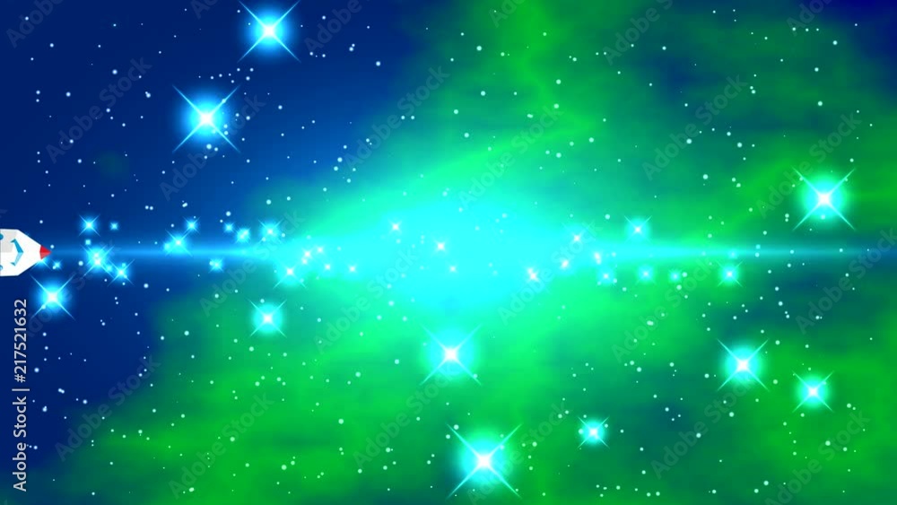 Space with bright stars and a blue-green nebula on a black background ...