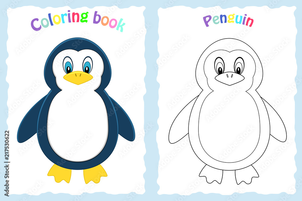 Coloring book page for preschool children with colorful penguin Stock ...