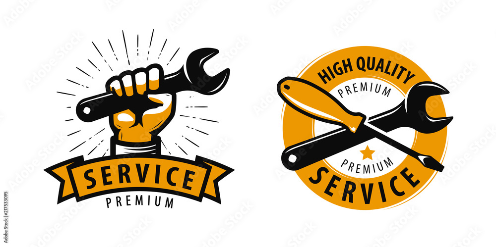 Service work, repair label or logo. Tools concept. Vector illustration ...