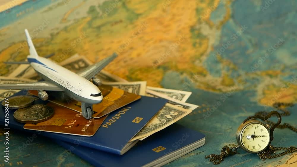 Time to travel concept. Tropical vacation theme with world map, blue ...