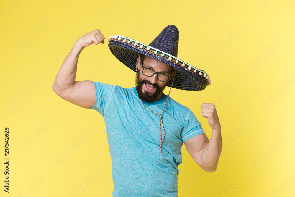 Mexican concept. Happy man smile in mexican hat. Mexican man in ...