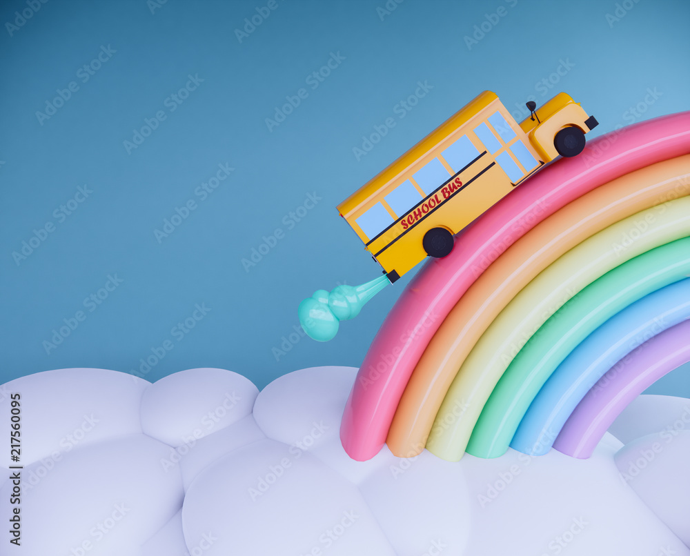 school bus on rainbow 3d render. Stock Illustration | Adobe Stock