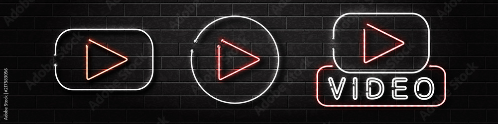 Vector set of realistic isolated neon sign of video player logo for ...