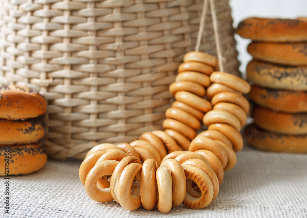 Russian traditional bakery food sushki and baranki background with ...
