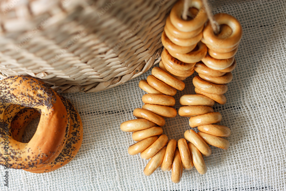 Russian traditional bakery food sushki and baranki background with ...