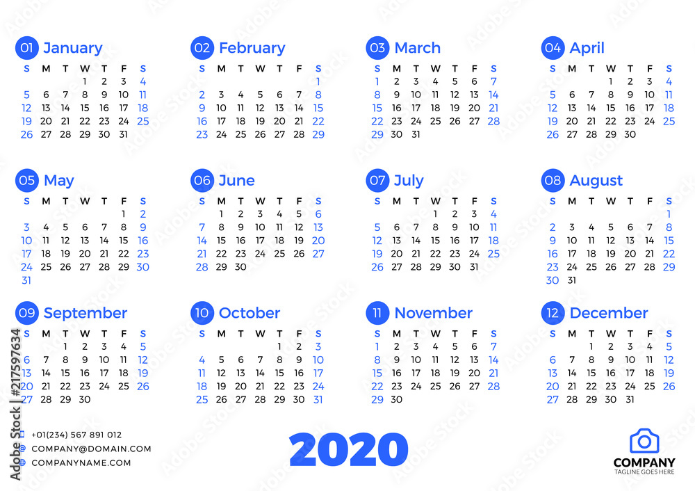 Simple calendar template for 2020 year. Week starts on Sunday. Vector ...