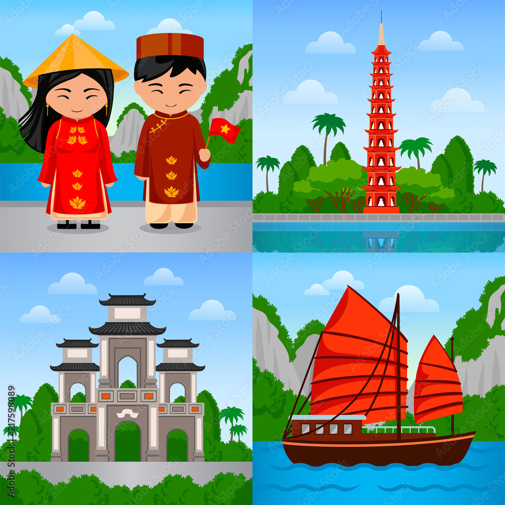 Travel to Vietnam. Vietnamese people in national dress. Woman and man ...