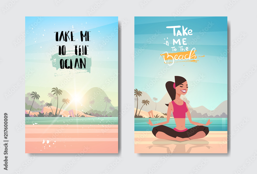 set yoga woman doing exercises sunrise relax landscape beach badge ...