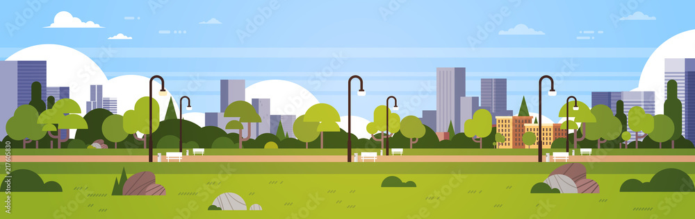 urban park outdoors city buildings street lamps cityscape concept ...