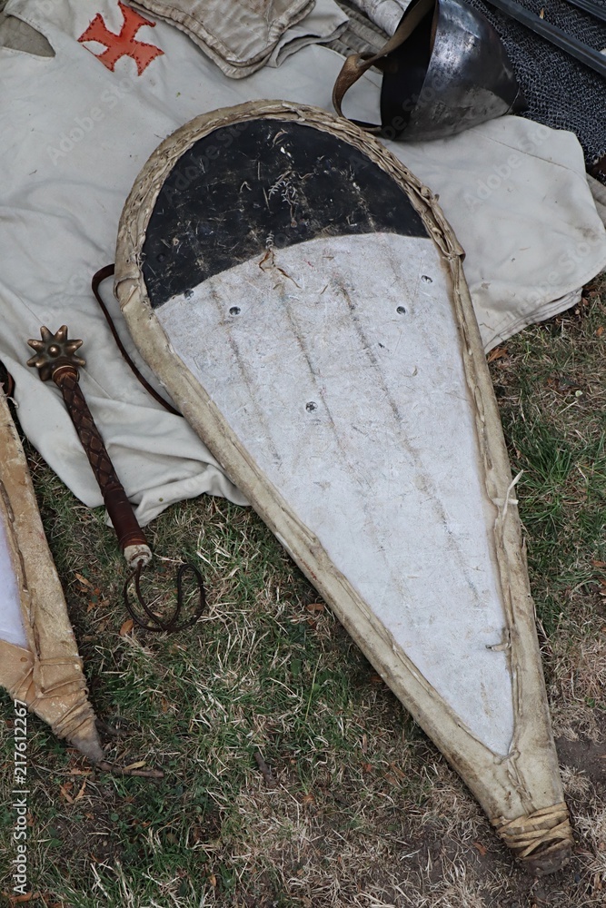 Wooden medieval white painted kite shield with leather covered borders ...