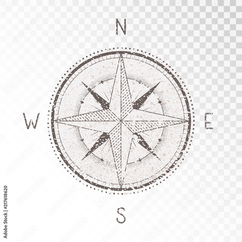 Vector illustration with a vintage textured compass or wind rose and ...