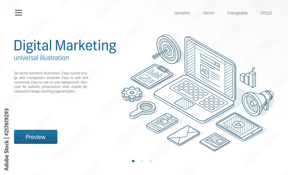 Digital Marketing campaign, seo optimization modern isometric line ...