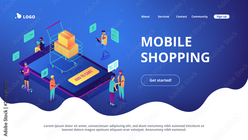 Isometric users buying online with tablets and shopping cart with boxes ...