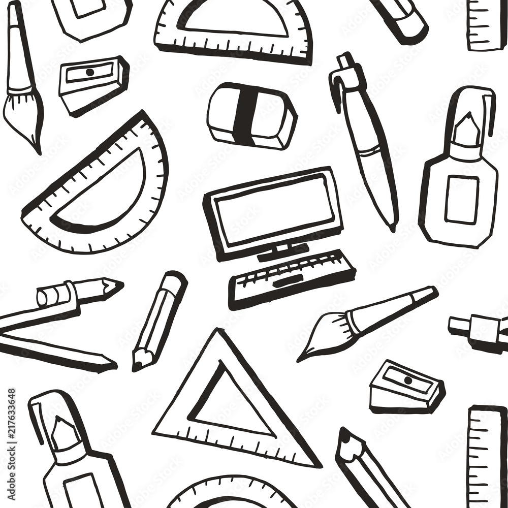 Seamless doodle school many objects. Realistic hand drawing vector ...