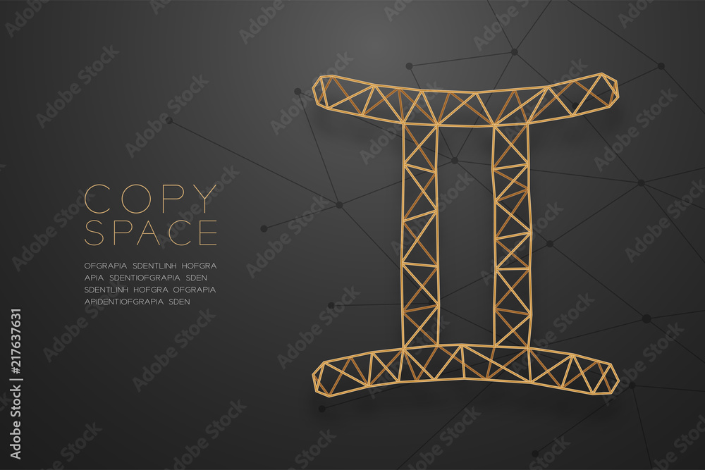Gemini Zodiac sign wireframe Polygon golden frame structure, Fortune ...