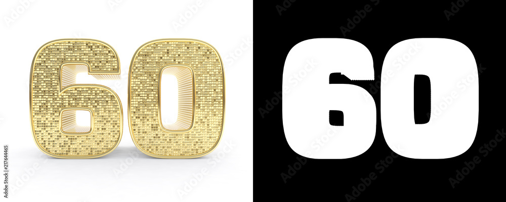 Golden number sixty (number 60) on white background with drop shadow ...