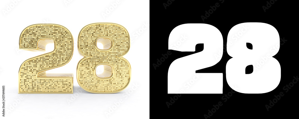 Golden number twenty eight (number 28) on white background with drop ...