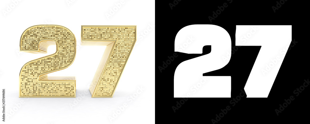 Golden number twenty seven (number 27) on white background with drop ...