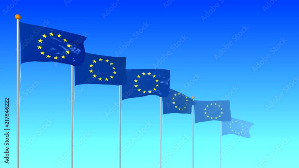 Six flags of the European Union develops in the wind on a blue gradient ...