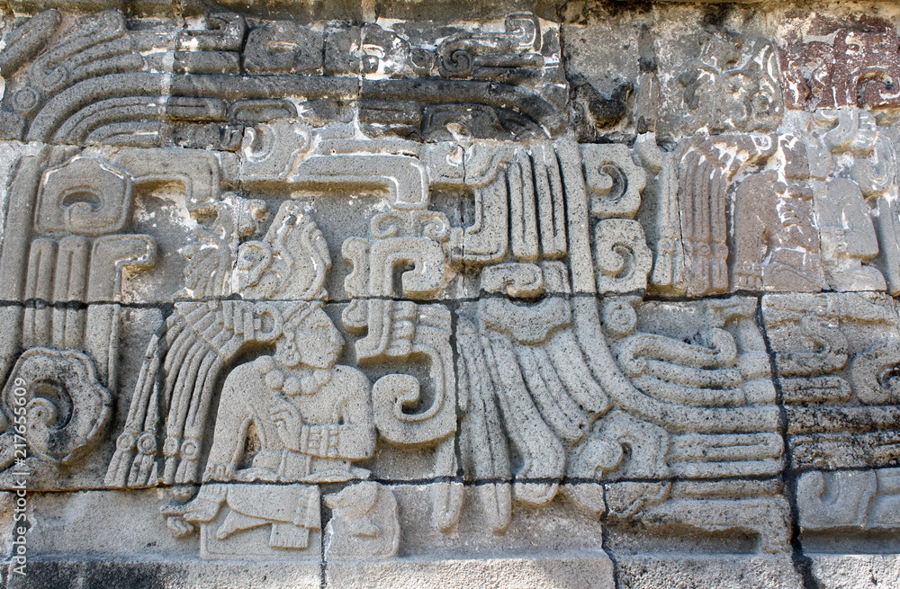 Bas-relief carving with of a american indian chieftain, Xochicalco ...