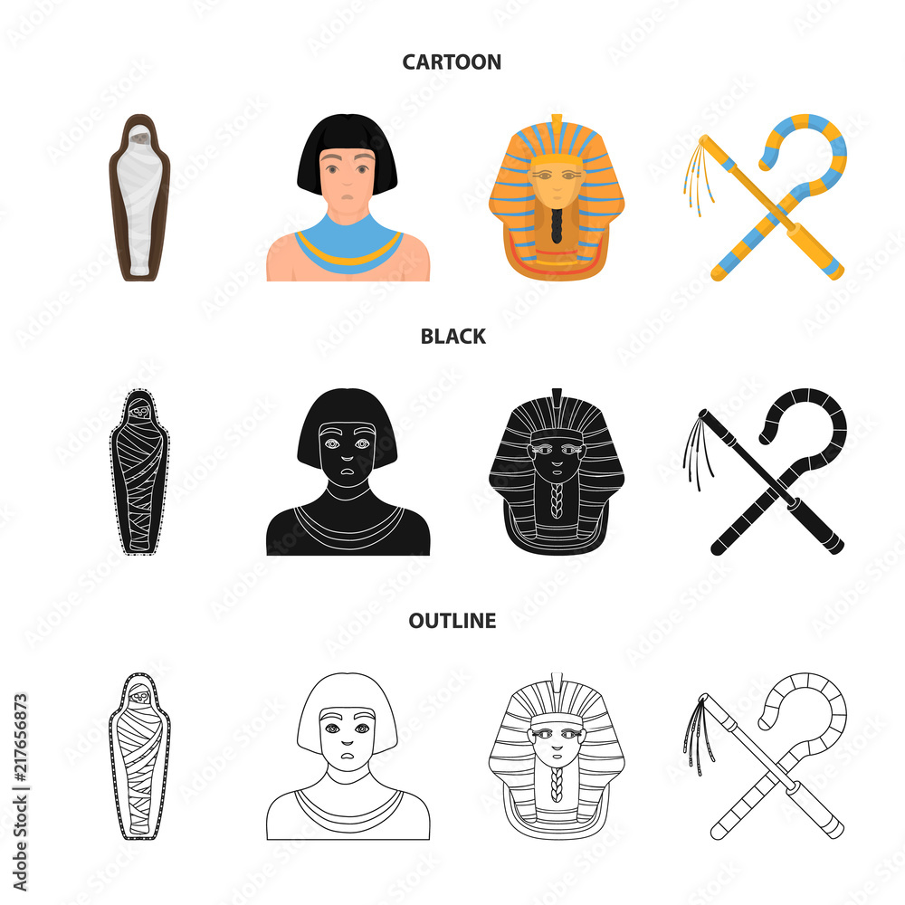 Crook and flail,a golden mask, an egyptian, a mummy in a tomb.Ancient ...