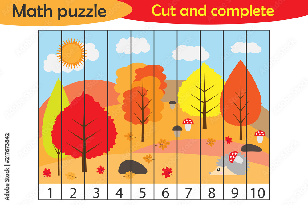 Math puzzle, autumn forest in cartoon style, education game for ...