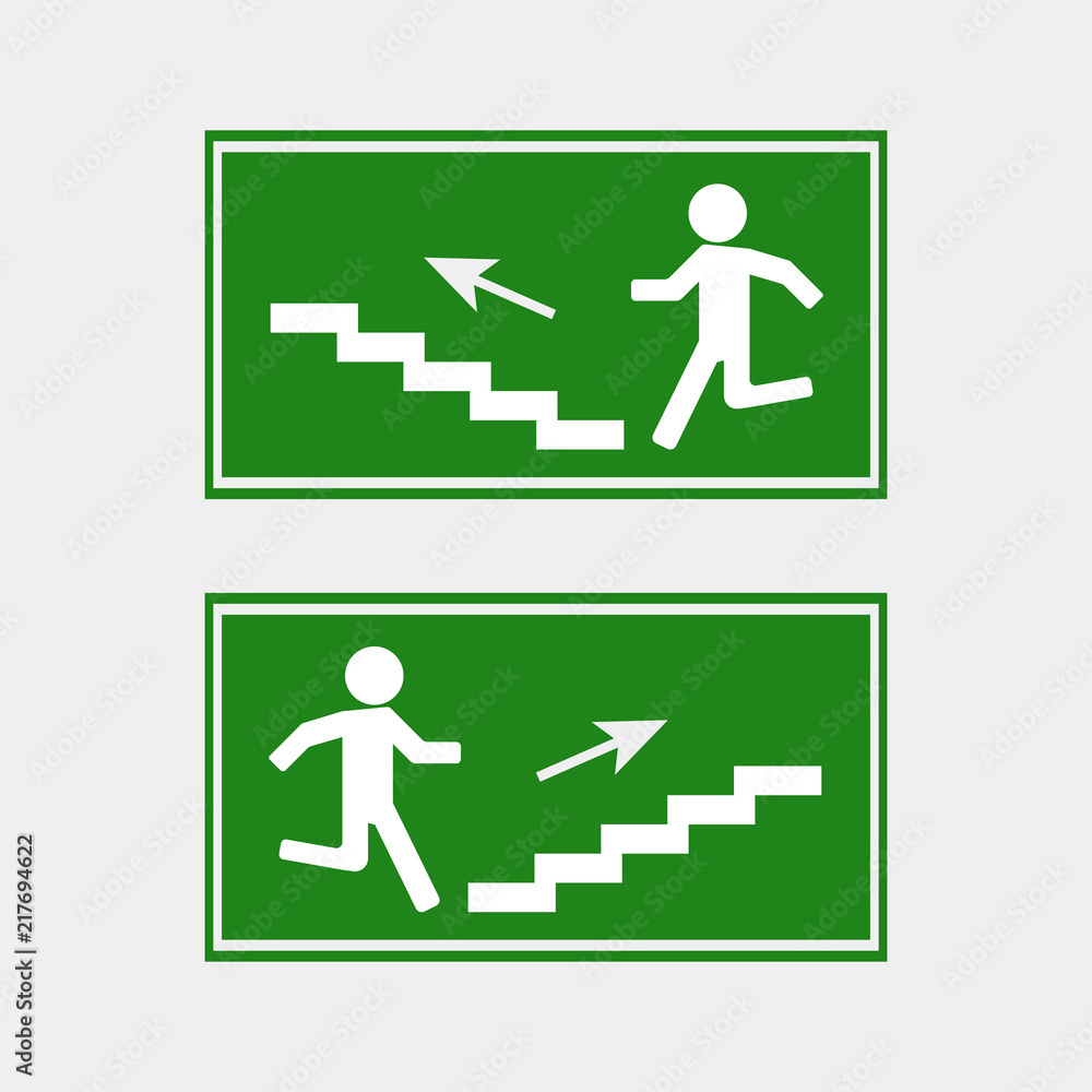 Fire hazard. Route of evacuation vector icon. Icon of evacuation. Emergency exit on the stairs ...
