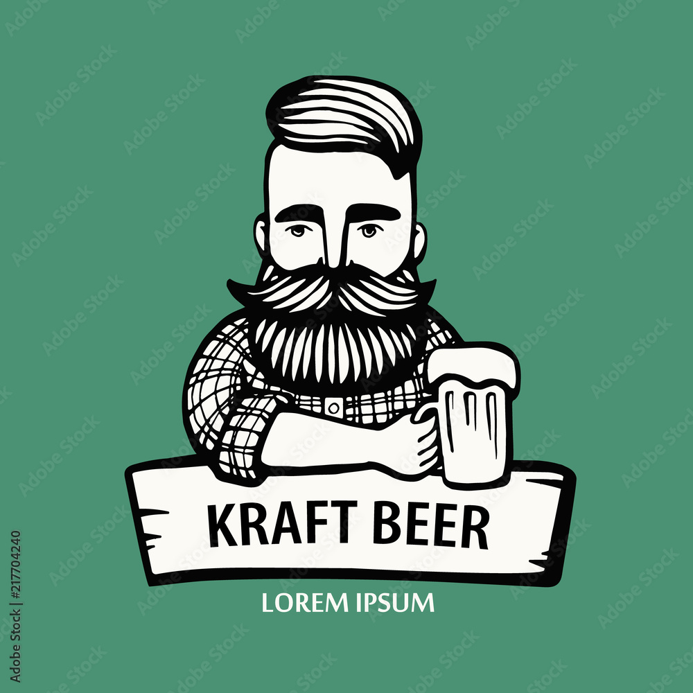 Hand-drawn hipster dude with mustache, beard with beer. Man with glass ...