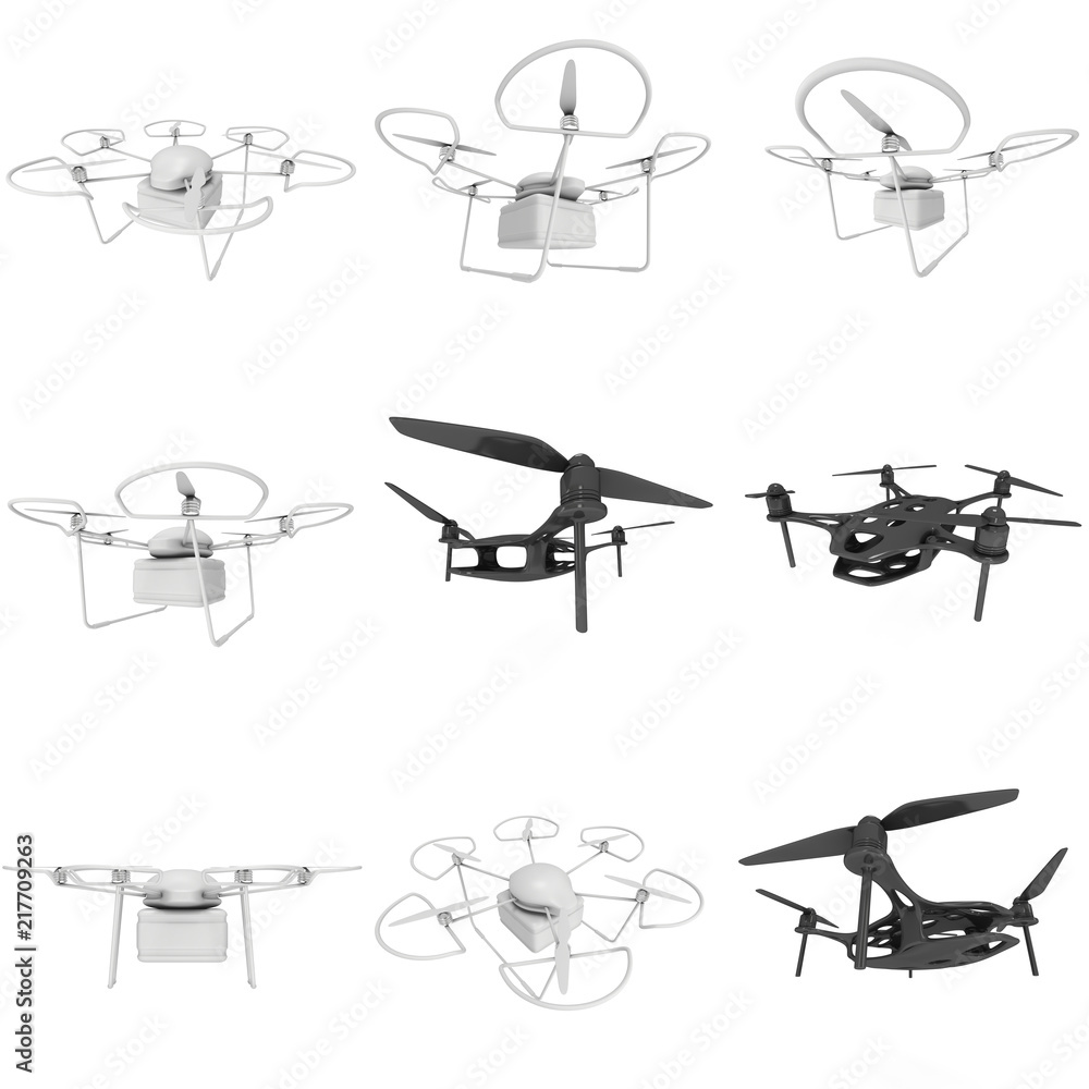 Remote control air drone set. Dron flying with cargo box. 3d render ...