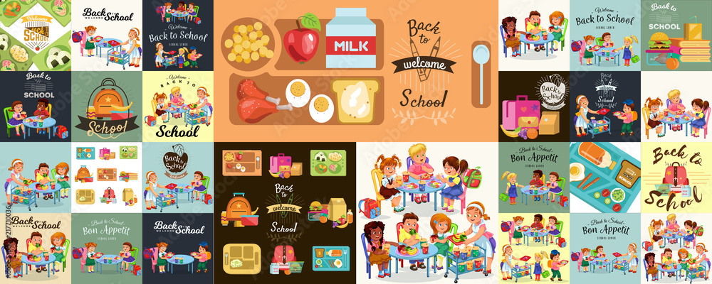 School lunch set, Composition of posters with pupils lunch canteen ...