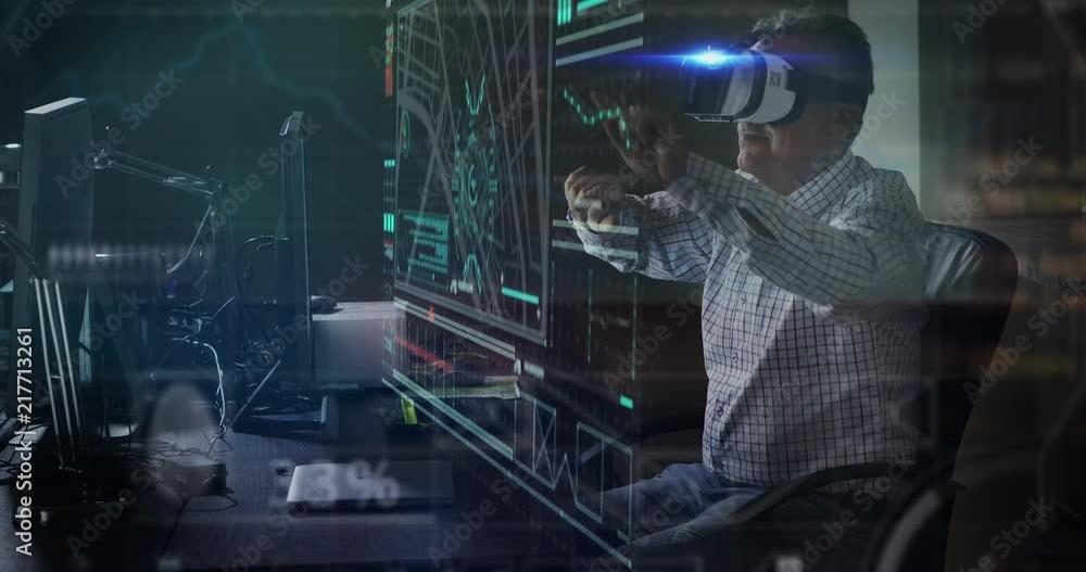 Portrait of a man while he is using futuristic technologies, he is using an oculus and watching ...