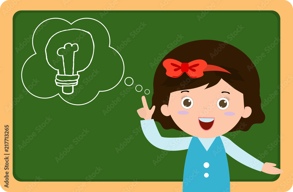 Cute little girl thinking idea and chalkboard,Cute kid imagine in ...